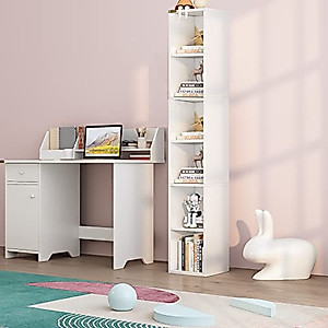 ALISENED 68.5" Tall Narrow Bookshelf, 6 Shelf Wooden Corner Bookcase, Modern Skinny Cubes Storage Organizer Display Shelving for Bedroom, Library, Living Room, Home, Office, White