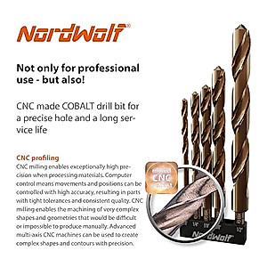 NordWolf 5-Piece M35 Cobalt Drill Bit Set for Stainless Steel, Hard Metals & Cast Iron, Jobber Length with 1/4" Hex Shank, SAE Sizes 3/16"-1/4"-5/16"-3/8"-1/2"