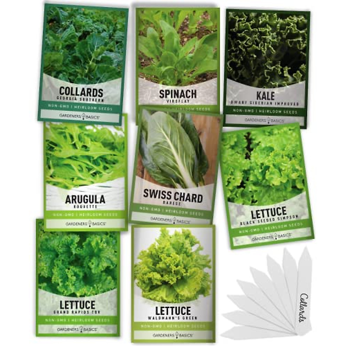 8 Leafy Garden Greens Seeds for Planting Individual Packets - Arugula, Collards, Spinach, Swiss Chard, Kale, Lettuce, Leafy and Butter Lettuce Seeds for Your Heirloom Salad Garden by Gardeners Basics