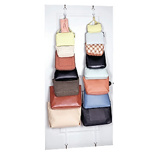 Jokari Heavy Duty 16 Hook Over The Door Purse Rack for Hats and Accessories. Adjustable Straps and Movable Velcro Hooks To Store, Organize and Display Bags, Scarves or Caps Saving Closet Storage Space
