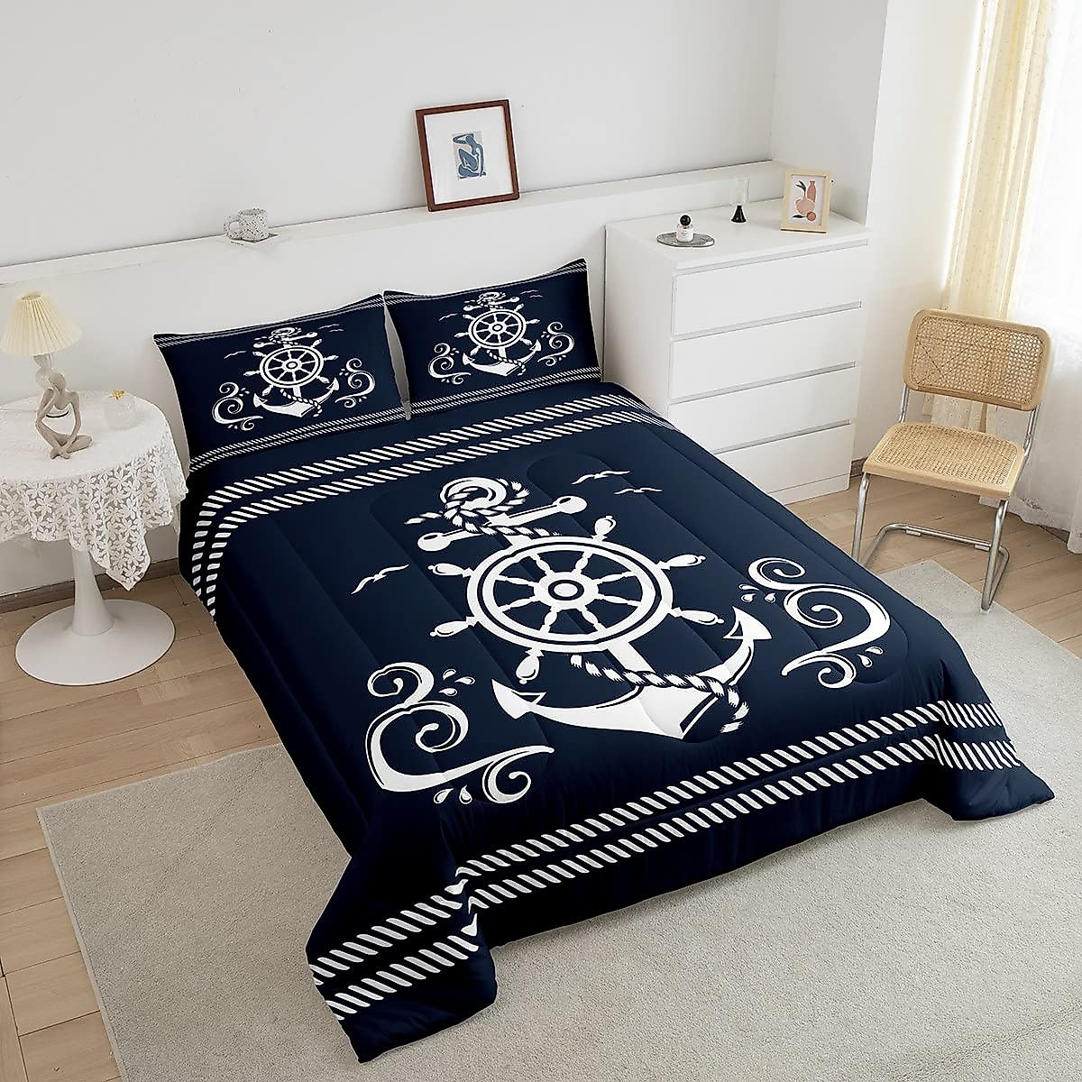 Erosebridal Nautical Anchor Bedding Set for Boys, Compass Adventure Comforter Set Coastal Compass Duvet Sets Ocean Sailboat Bedding Comforters for Kids Teens Adult Bedroom, Navy Blue(Queen Size)