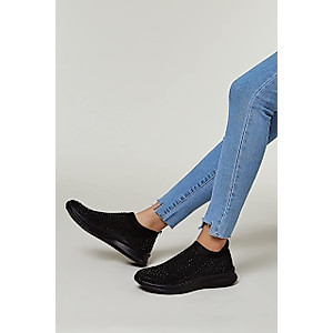 BELOS Women's Rhinestone Slip On Walking Shoes Breathable Mesh Knit Sock Shoes Fashion Comfortable Sparkly Sneaker(Black,10)