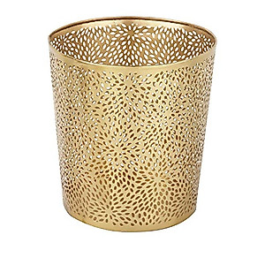 CosmoLiving by Cosmopolitan Metal Cylinder Small Waste Bin with Laser Carved Floral Design, 9" x 9" x 10", Gold