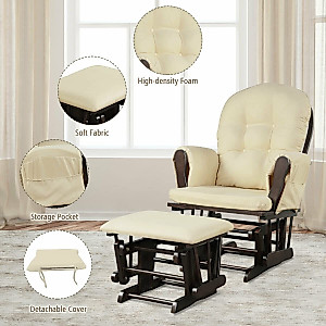 Costzon Nursery Glider with Ottoman, Upholstered Comfort Glider Rocker with Padded Cushion, Storage Pocket, Solid Wood Base, Rocking Chair Nursery for Breastfeeding, Maternity, Napping (Beige)