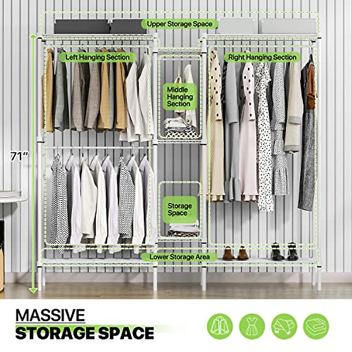Magshion Portable Closet Wardrobe Heavy Duty Clothes Rack, Freestanding Clothing Rack with 4 Hang Rods and 7 Shelves, Free-Standing Garment Rack for Hanging Clothes, Load 1000lbs,White