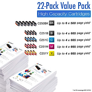 Arthur Imaging Compatible Ink Cartridge Replacement for Canon Pgi-250Xl CLI-251XL for Use with Pixma MX922 MG5520 (6 Large Black, 4 Small Black, 4 Cyan, 4 Yellow, 4 Magenta, 22-Pack)