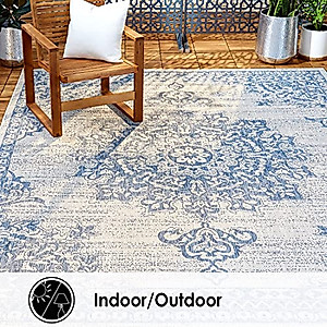 Nicole Miller New York Patio Country Azalea Transitional Medallion Indoor/Outdoor Area Rug, Grey/Blue, 6'6"x9'2"