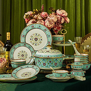 Porcelain Dinner Set Kitchen Tableware Set,Ceramics Dinnerware Set, 50 Pieces Bone China Plates and Bowls Sets for Family Gathering - High-Grade Enamel Dinner Set with Fruit Dish