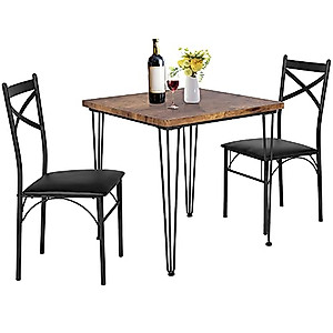 VECELO Modern Industrial Style 3-Piece Dining Room Kitchen Table and Pu Cushion Chair Sets for Small Space, 2, Retro Brown