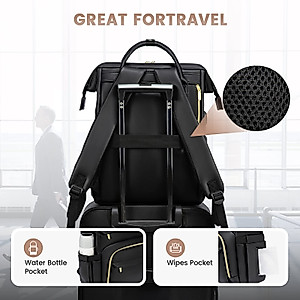 LOVEVOOK Leather Laptop Backpack for Women 15.6 inch,Travel Purse Nurse Teacher Computer Bag,Professional College Business Work Bags Carry On with USB Port,Black