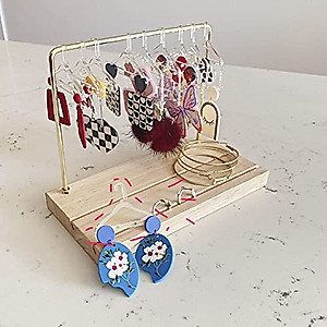 lemonadeus Unique Earring Hanger Rack Tabletop Jewelry Display Stand, Brass Metal Hanging Jewelry Towers clothing Rack Earring Holder with Rings Holder Wood Base