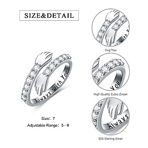 Hug Ring 925 Sterling Silver Rings Hugging Hand Jewelry Couple Hugs Finger Ring Adjustable Best Friend Rings Friendship Zircon Valentine's Day Gifts for Girl Women Granddaughter Wife