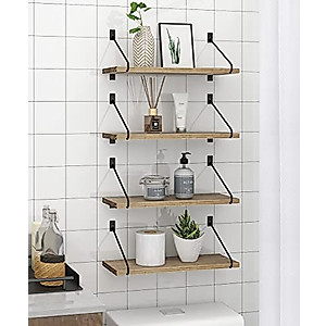 lamplig Floating Shelves Wall Mounted Set of 4, Rustic Wood Wall Storage Shelves with Black Metal Bracket Home Decor Storage Organizer for Bedroom, Living Room, Bathroom, Kitchen, Office