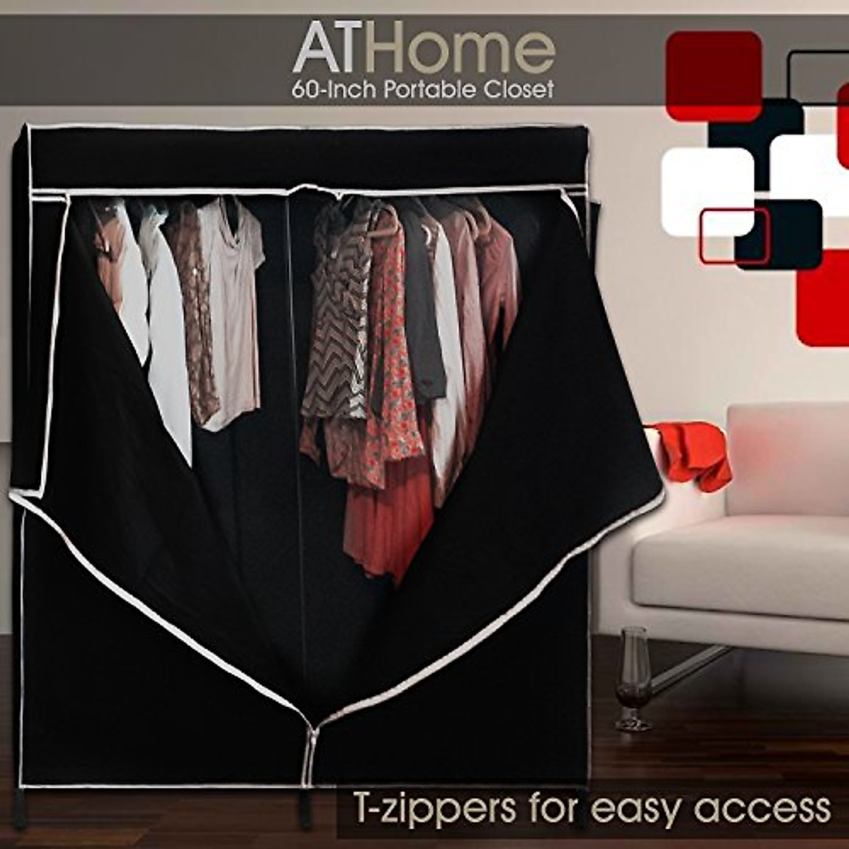 ATHome Lightweight, Durable, Sturdy, Dust and Moisture Proof, Easy Open T-Zipper, Portable Closet Wardrobe, 60 inches, Black