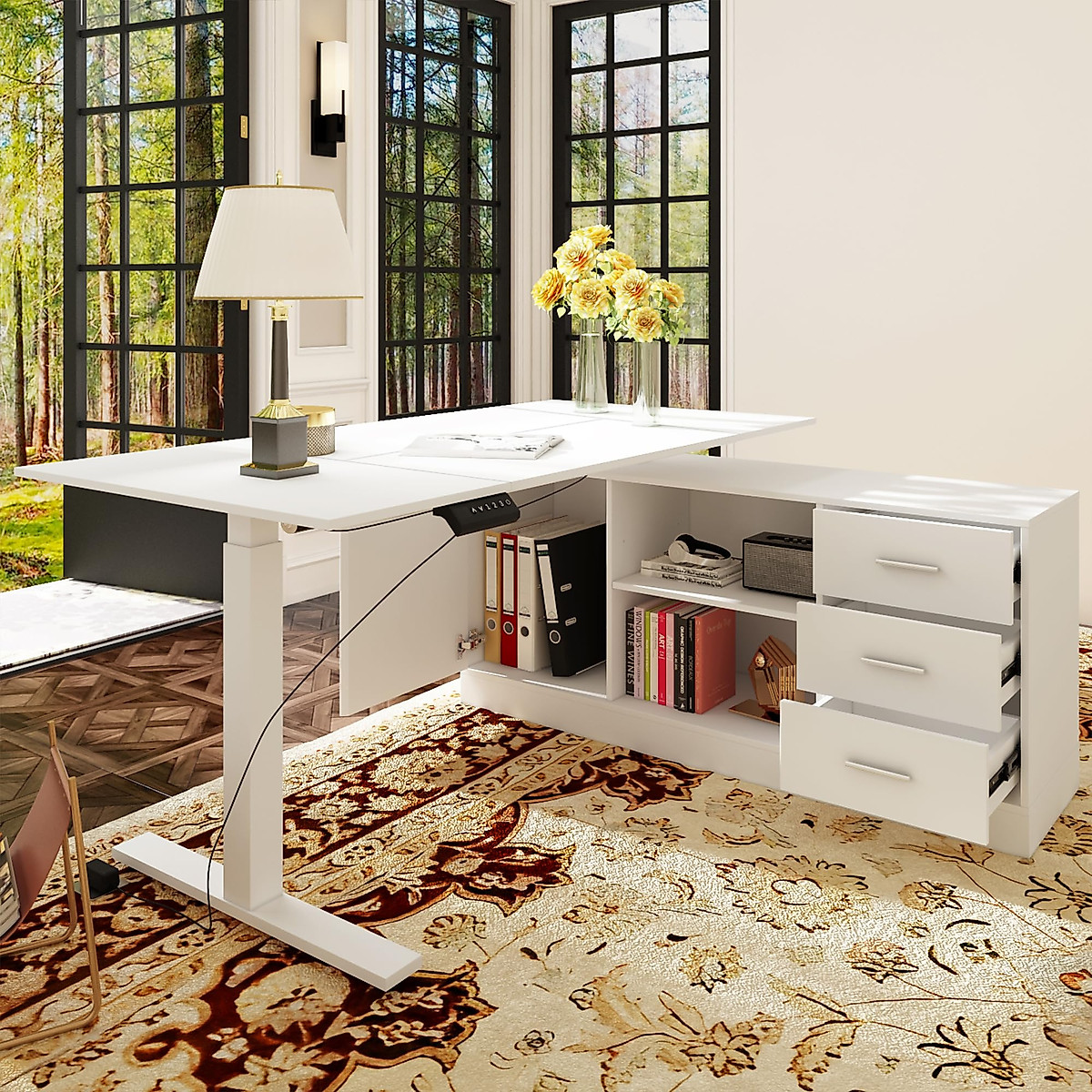 Homsee Home Office L Shaped Electric Standing Desk with Drawers and Shelves, Height Adjustable & Shape Reversible Stand up Desk, 63" Computer Desk Executive Corner Desk, White