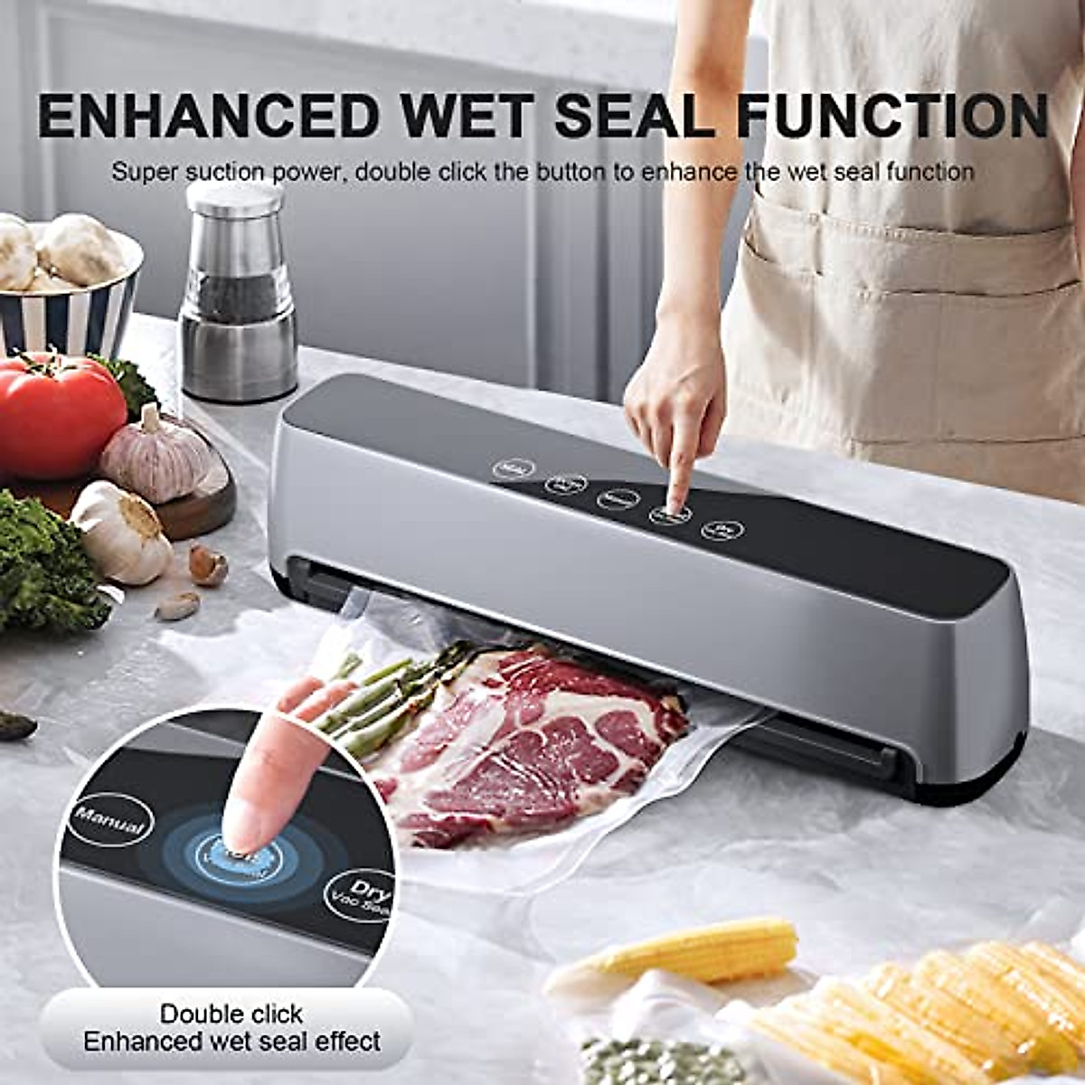 Fully Automatic Vacuum Sealer Machine, Hands-Free Operation, 5 Functions, Suitable for Vacuum Sealing Dry and Wet Foods, LED Indicator, Compact Design, Includes 15 Vacuum Bags