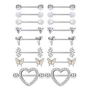 Besteel 8 Pairs Nipple Rings 14G Stainless Steel Nipplerings CZ Heart Butterfly Ball Tongue Barbell Rings Retainer Body Piercing Jewelry for Women Silver