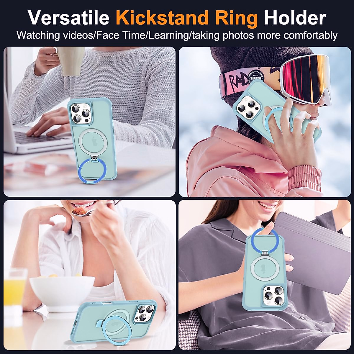 SKYLMW Compatible with iPhone 16 Pro Case with Invisible Magnetic O-Ring Stand Military-Grade Translucent Case for iPhone 16 Pro 6.3" [Compatible with Mag-Safe][Great Grip Feeling], Blue