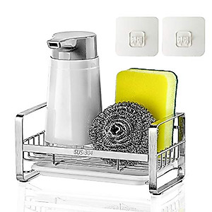 JiangWaveT Sponge Holder,SUS304 Stainless Steel Rust Proof Soap Holder for Kitchen Sink,Kitchen Sink Organizer, Sink Caddy, Sink Tray Drainer Rack with Removable Tray,Silver