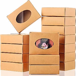60 Pack Soap Boxes for Homemade Soap Kraft Soap Making Supplies Soap Box with Window Soap Packaging Boxes Oval Window Box for Bakery Candy Party Treats, 3.8 x 2.8 x 1.2 Inch (Brown)