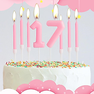 Macaron Pink Birthday Candle, Number 5 Candle with 6 Pcs Macaron Pink Short Thin Birthday Candles for Cake, Pink Cake Topper for Girl Women Pastel Sweet Happy Birthday Party Decorations Supplies