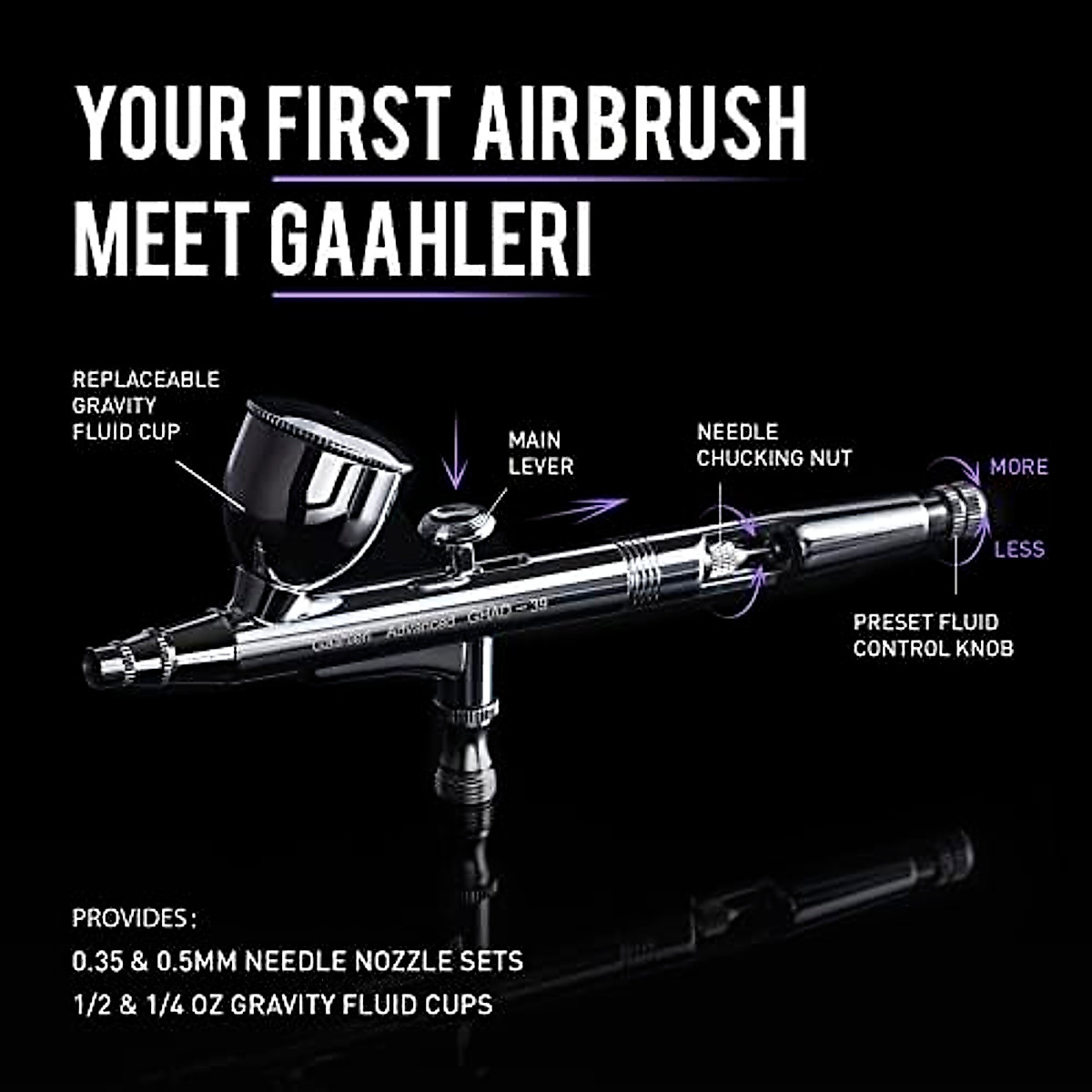 Gaahleri Airbrush Kit, Airbrush Gun Dual-Action Gravity 1/2 & 1/4 oz Fluid Cup, 0.35 & 0.5 mm Needle, Cost-Effective Air Brush Set Makeup Nail Art Painting Model Coloring Cake Decor Silver