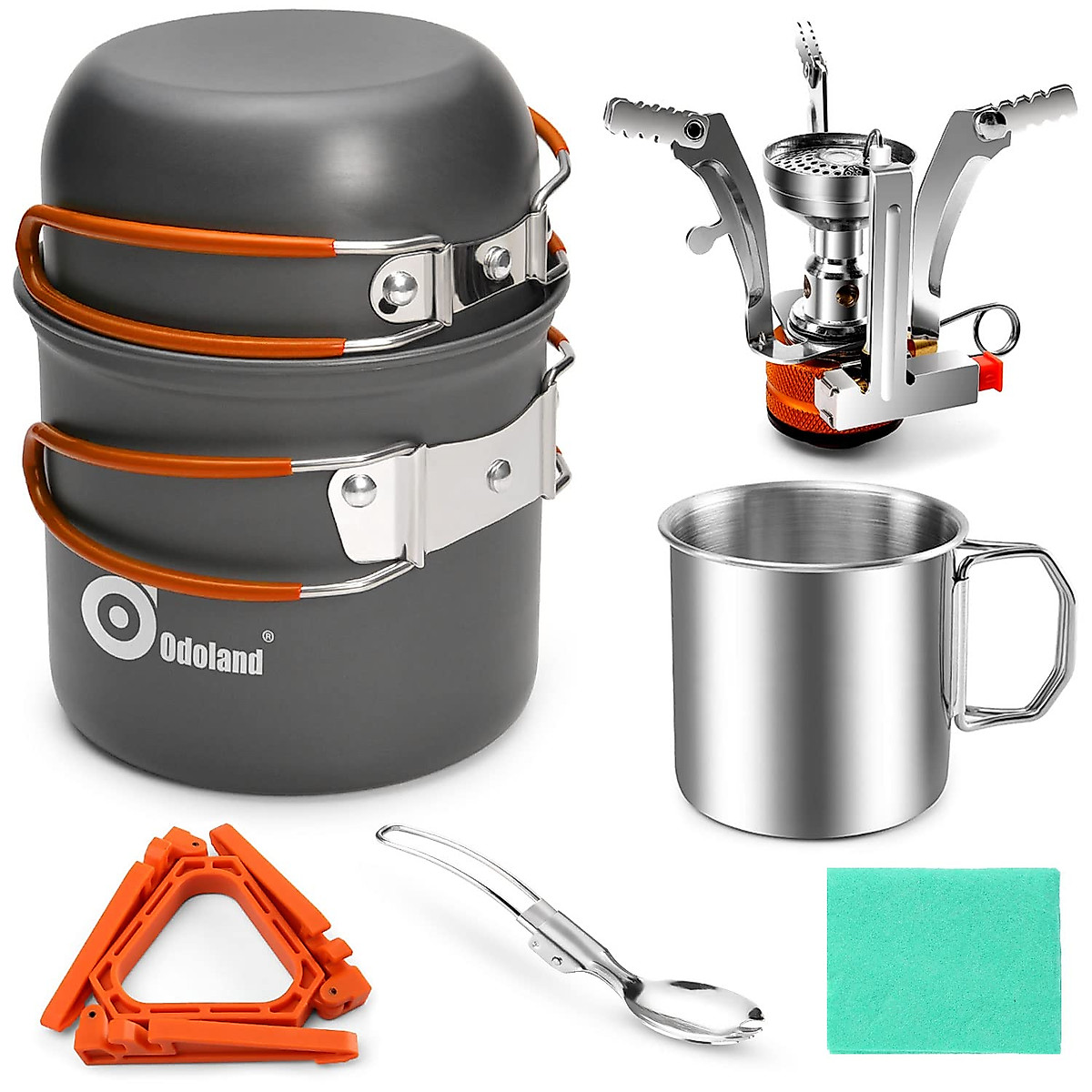 Odoland 8pcs Camping Cookware Mess Kit, Camping Pot and Pan Set with Mini Backpacking stove, Stainless Steel Cup, Spork and Tank Bracket, Cooking Gear for Outdoor, Hiking, Picnic, Campfire, Red