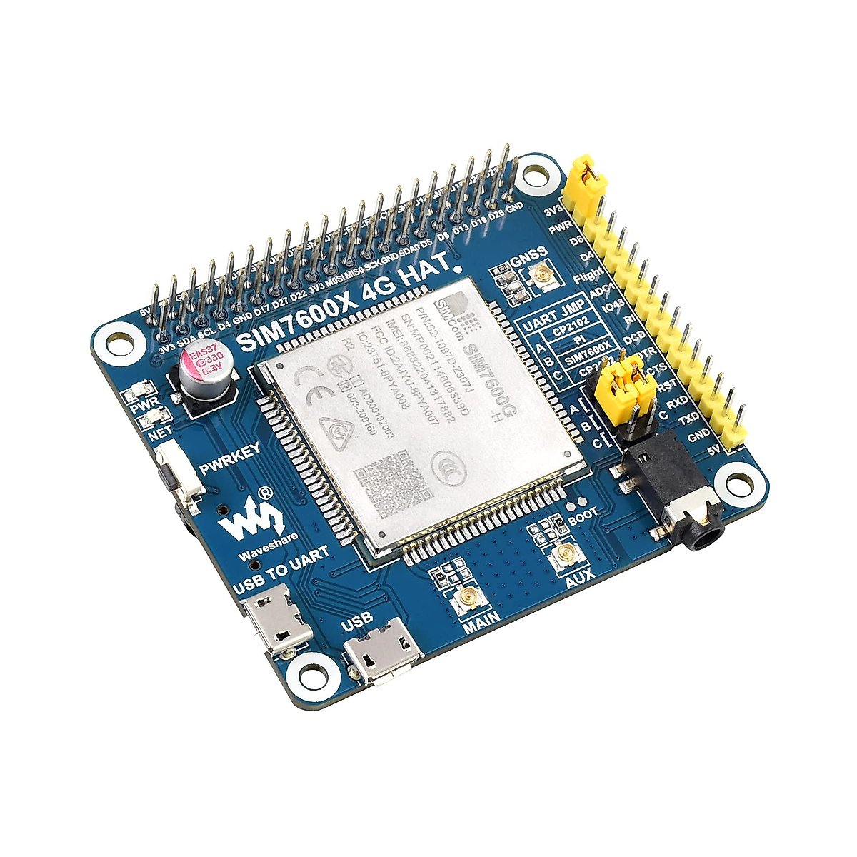 NGW-1Set 2G/3G/4G/GSM/GPRS/GNSS HAT for Raspberry Pi Based on SIM7600G-H Supports LTE CAT4 up to 150Mbps for Downlink Data Transfer