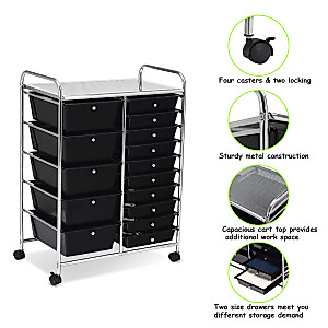 Giantex 15 Drawer Rolling Storage Cart Tools Scrapbook Paper Office School Organizer, Black