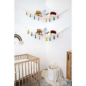 Mkono Stuffed Animal Toys Hammock Boho Hanging Stuff Animals Storage Organizer with Decorative Tassels Corner Large Capability Toy Net Holder for Nursery Playroom Kid's Room Bedroom, 2 Pieces, Small