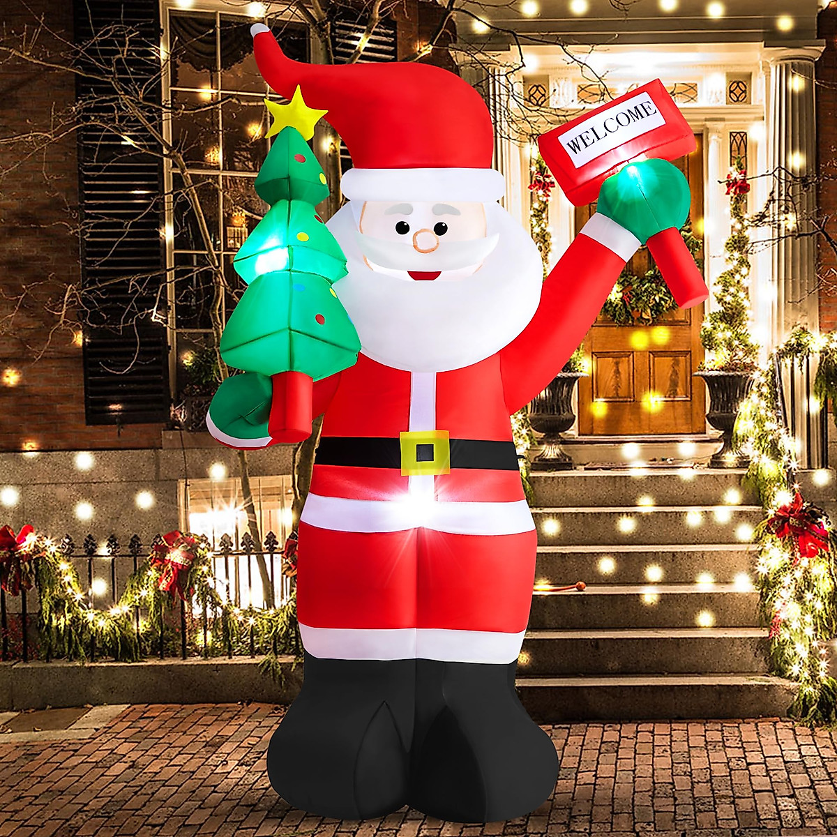 6FT Christmas Inflatables Santa Claus with Welcome Sign and Tree, Outdoor Christmas Holiday Decorations Clearance Blow Up Santa with Built-in 4 LED Lights for Home Party Yard Lawn, Housen Solutions