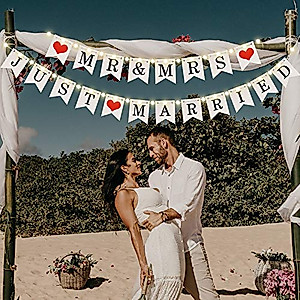 Mr and Mrs Just Married Banner, Wedding Bunting Banner with LED Fairy String Light 8 Flicker Mode, Hanging Sign Garland Pennant Photo Booth Props for Bridal Shower Wedding Engagement Car Party