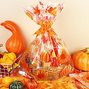 MIMIND 12 Pieces Fall Thanksgiving Large Basket Bags Cellophane Gift Bags Bulk 19.7 x 27.6 Inch Fall Plastic Gift Wrap Bags with 12 Pull Bows 20 Twist Ties for Thanksgiving Gift Baskets
