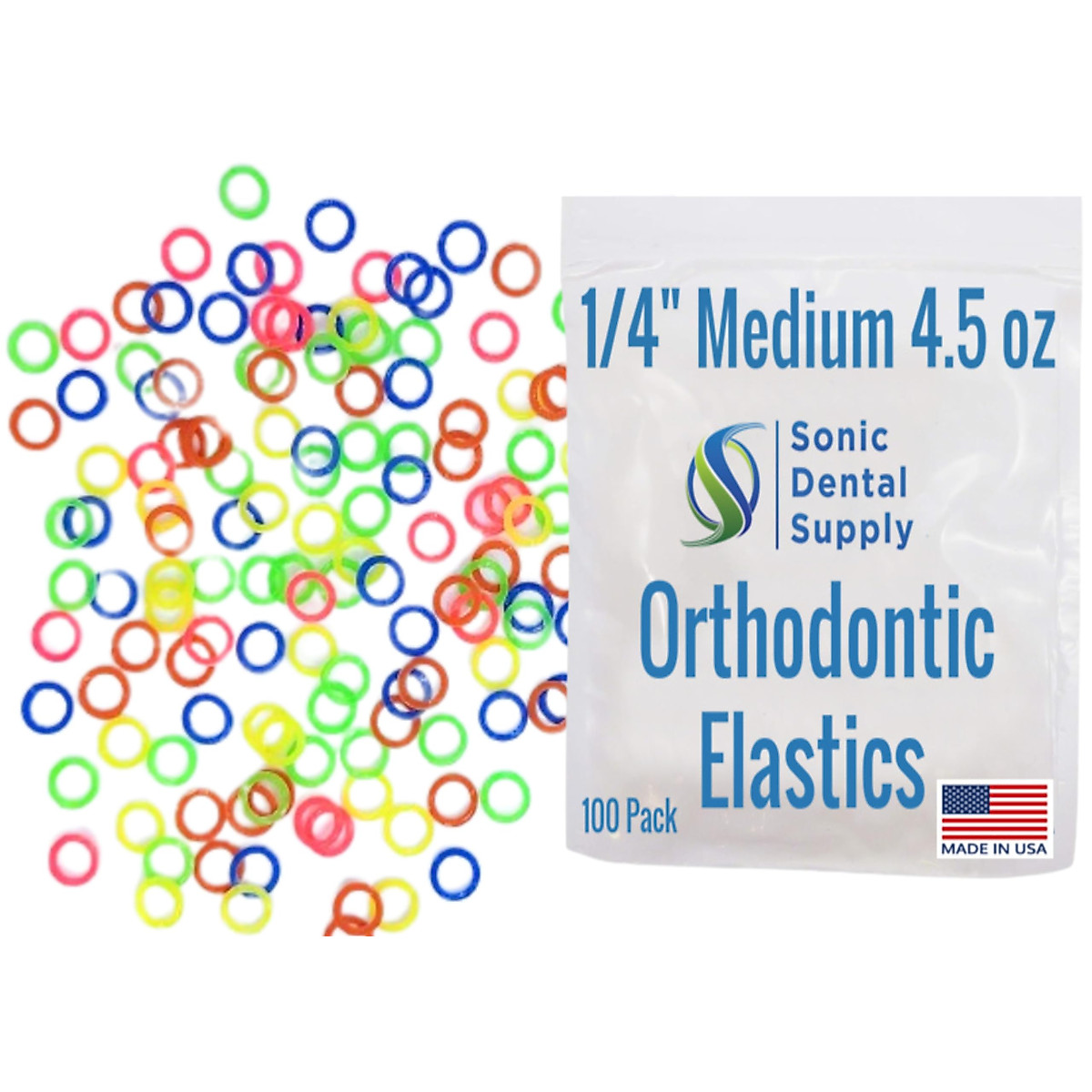 1/4 Inch Orthodontic Elastic Rubber Bands - 100 Bands - Neon Color Latex Free, Medium 4.5 Ounce (oz) Small Rubberbands, Braces, Dreadlocks Hair Braids, Packaging, Crafts - Sonic Dental Supply - USA