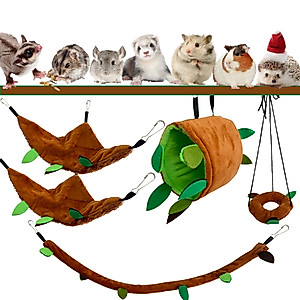 MUYG Hamster Hammock,Small Animal Hanging Hideout Tunnel Sleeping Set Plush Swing Warm Bed House Cage Nest Accessories for Sugar Glider,Squirrel,Brown(5 Pcs)
