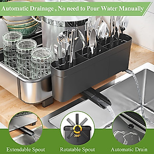 Dish Drying Rack, Kitchen Counter Dish Drainer Rack Auto-Drain, Expandable (14.8 to 22.2 inch) Rustproof Aluminium Large Sink Dish Strainer with Dish Drying Mat and Utensil Holder, Silver
