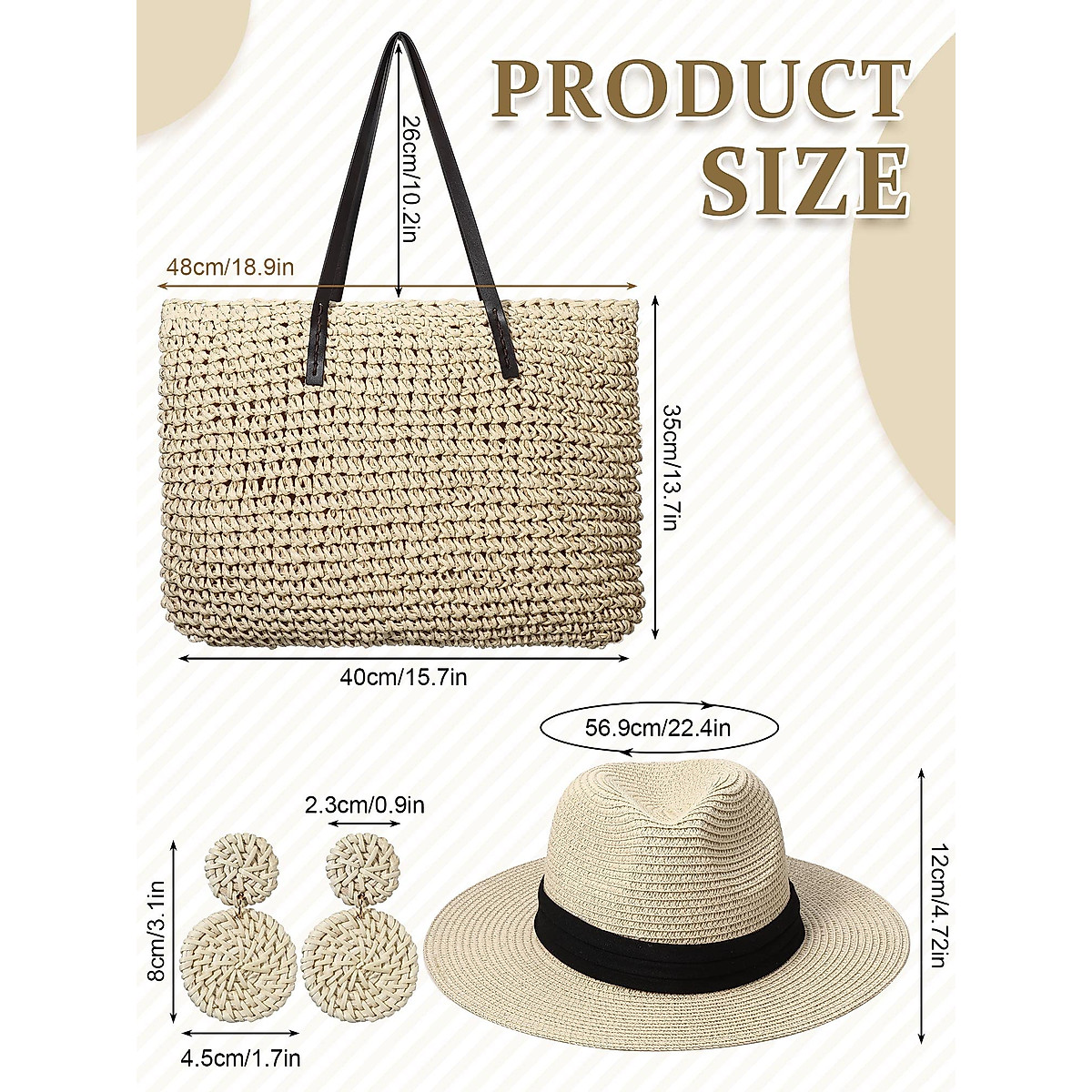 Straw Large Beach Bag for Women's Woven Beach Bag and Beach Hats Set Beach Earring Handmade Shoulder Bag Handbag Bohemia Set(Beige)