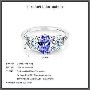 Gem Stone King 10K White Gold Blue Tanzanite Sky Blue Aquamarine & Diamond Accent 3-Stone Engagement Ring | 2.07 Cttw | 3 Stone Wedding Engagement Anniversary Promise Ring For Women (Size 5)