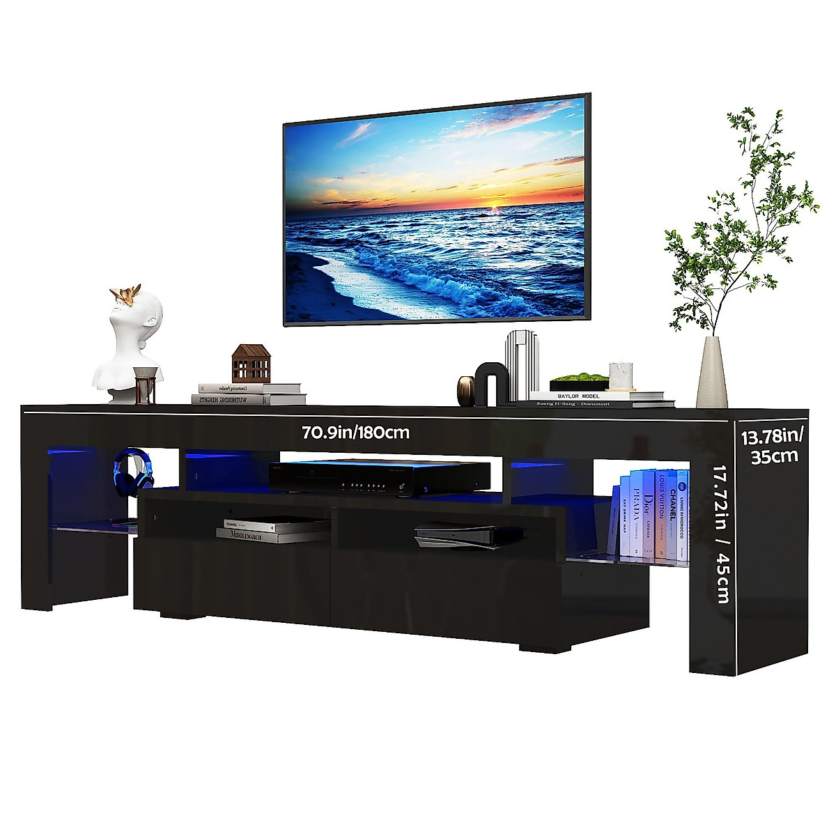 Uspeedy 70in TV Stand for 75/80 inch TV,Modern LED TV Stand for Living Room,Black TV Stand,High Gloss TV Entertainment Center with Storage Drawer,APP RGB Light,TV Console(71in Black)