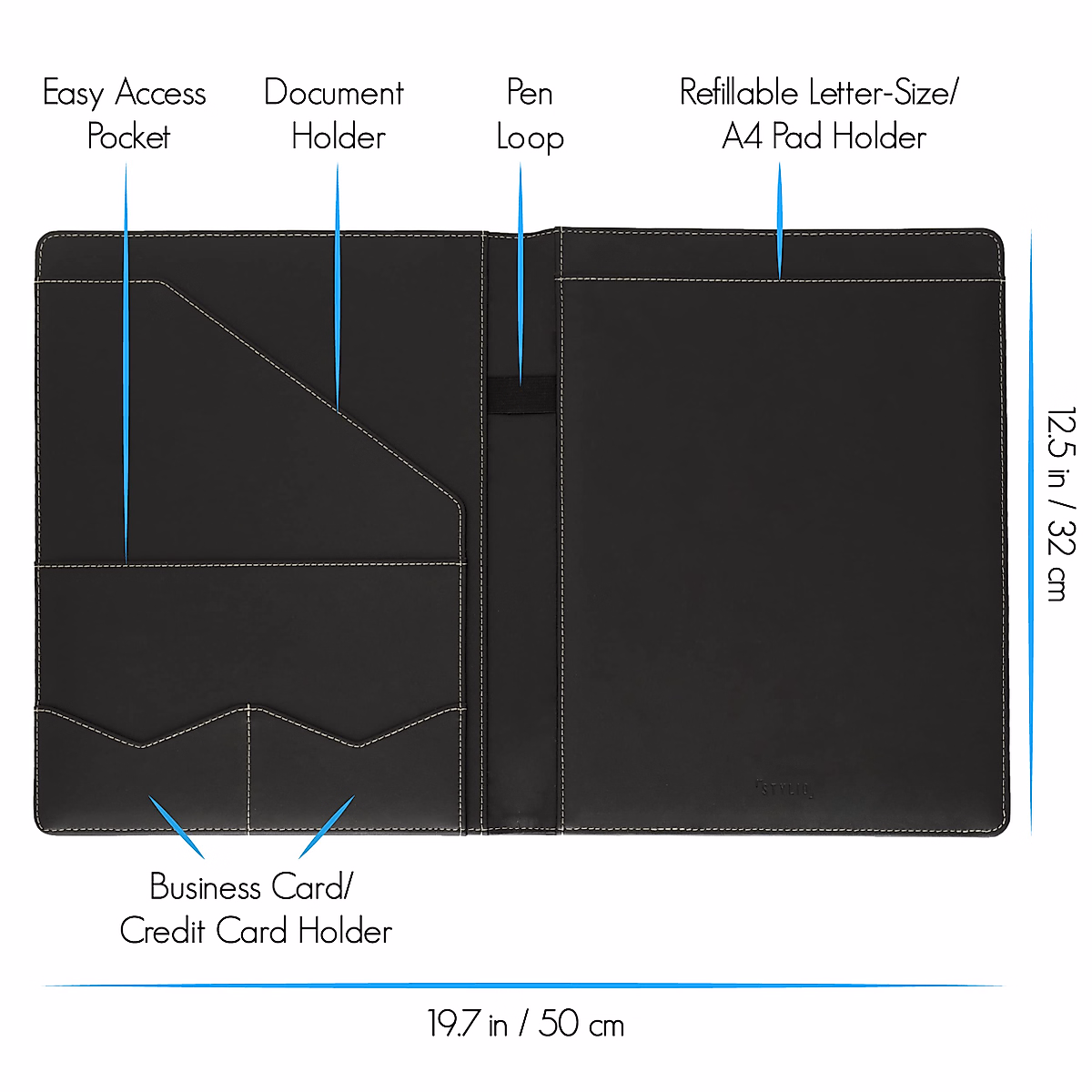 STYLIO Padfolio Portfolio Folder Binder – Interview Resume Legal Document Organizer & Business Card Holder – w/ Letter-Sized Writing Pad - Handsome Piano Noir Faux Leather Matte Finish & Accent Stitch