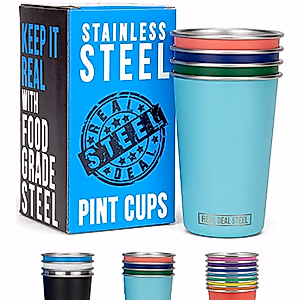 Real Deal Steel Party Pints: 16 oz Pint Cups, Stackable Tumblers, Eco Friendly Premium Metal Drinking Glasses