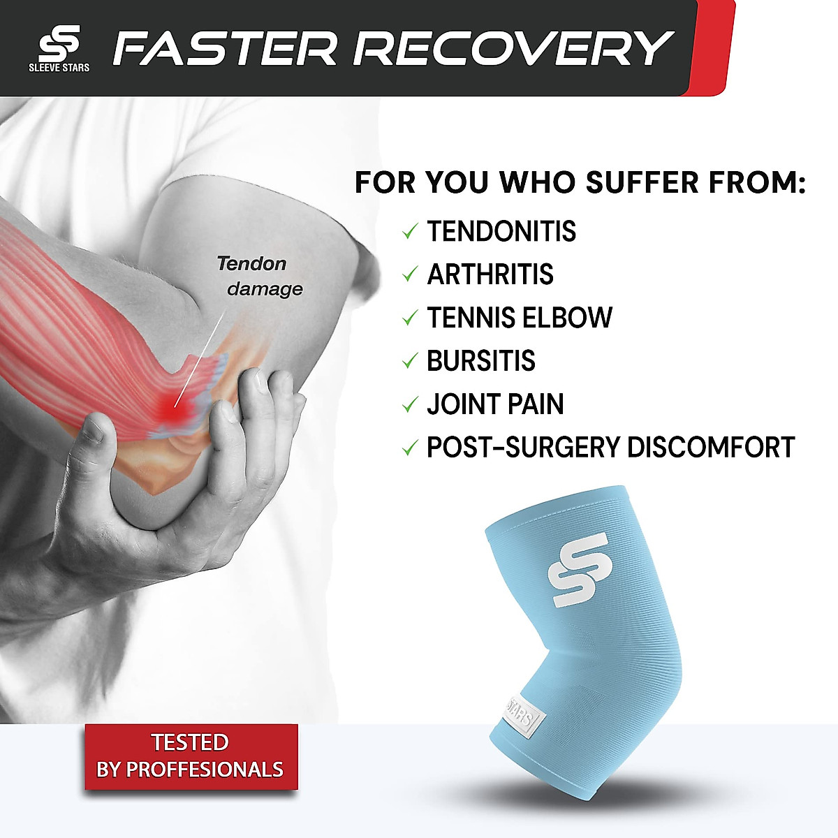 Sleeve Stars Elbow Compression Sleeve for Women & Men, Tendonitis Elbow Brace & Elbow Support for Pain & Arthritis, Tennis Elbow Sleeve Arm Protector Wrap for Golf & Sports (S-XXL) (L: 10"-12", Light Blue)