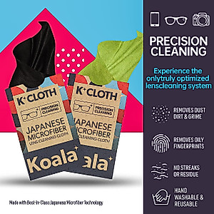 Koala Lens Cleaning Cloth | Japanese Microfiber | Glasses Cleaning Cloths | Eyeglass Lens Cleaner | Eyeglasses, Camera Lens, VR/AR Headset, and Screen Cleaning | Black & Green (Pack of 2)