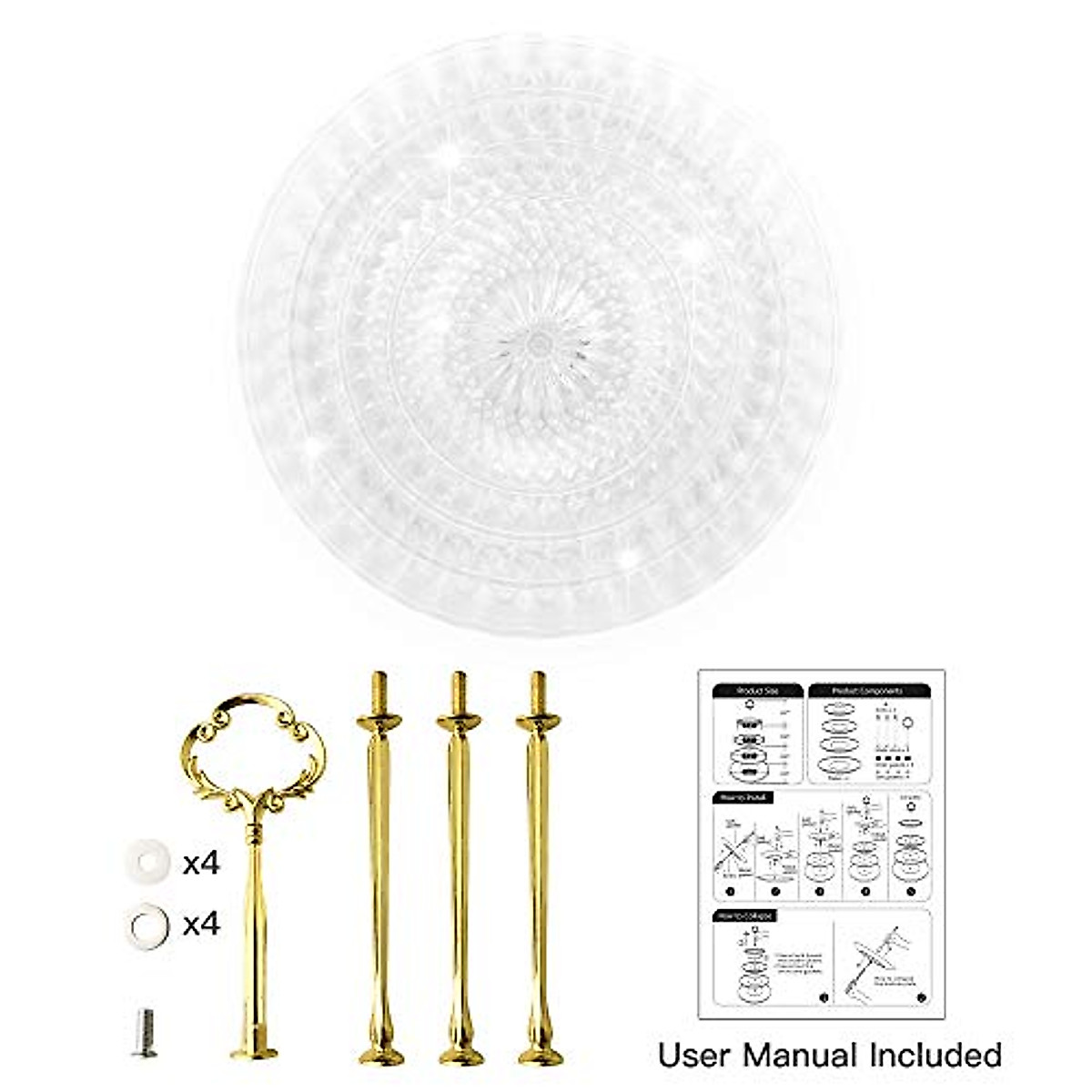 NWK 3/4-Tier Cupcake Stand with Crystal-Clear Plastic Plates and Metal Struts Dessert Stable Tower Display Rack Serving Tray for Wedding Birthday Bridal Shower Autumn NYE Tea Party (Gold)