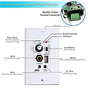 Pyle 6.5” 4 Bluetooth Flush Mount in-Wall in-Ceiling 2-Way Speaker System & Wireless BT Receiver Wall Mount - 100W in-Wall Audio Control Receiver w/Built-in Amplifier, USB/Microphone (3.5mm) Inputs