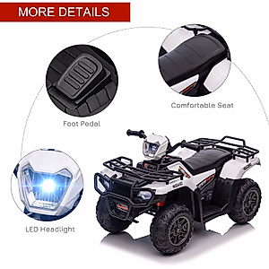 Aosom 12V Ride on ATV for Kids, Kids Electric 4 Wheeler with Headlight, Music, MP3, Treaded Tires, Battery Powered Kids Quad for Toddler, White
