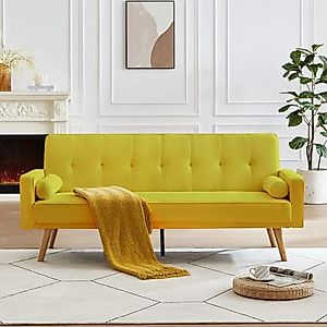 Anwickmak Yellow Velvet Couch, Small Sleeper Sofa Love Seat Includes 2 Pillows, 58" Tufted Loveseat Sofa, 4 Golden Metal Legs, Mid Century Modern Sofas for Living Room and Bedroom (Yellow)