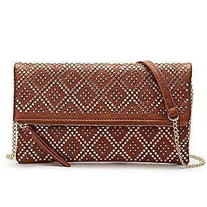 NOL Natural Organic Lifestyle Women Crossbody Bag Shoulder Handbag Evening Clutch Purse with Studs Chaine Strap (Brown)