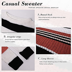 KIRUNDO 2023 Fall Winter Women's Striped Color Block Short Sweater Long Sleeve Crew Neck Casual Loose Knit Pullover Tops(Medium, 1977-Orange)