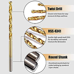 Hymnorq Jobber Length Mini Twist Drill Bits Set of 60pcs Six Fractional Inch Sizes, 3/64 1/16 5/64 3/32 7/64 1/8 Inch Titanium Coated HSS 4341 for Wood Plastic and Soft Metal Sheet